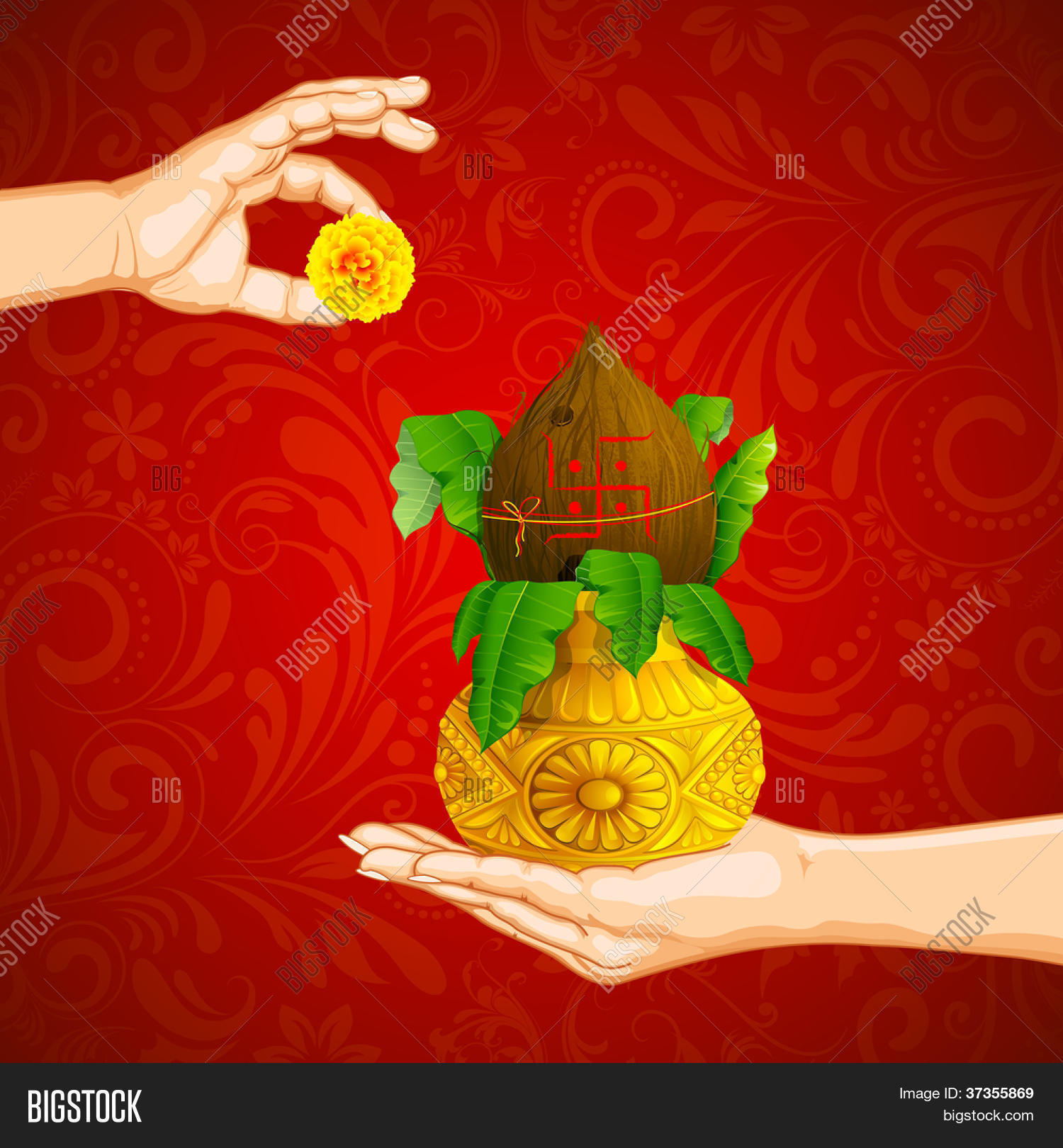 Illustration Of Hand Holding Mangal Kalash Offering Flower Stock Vector