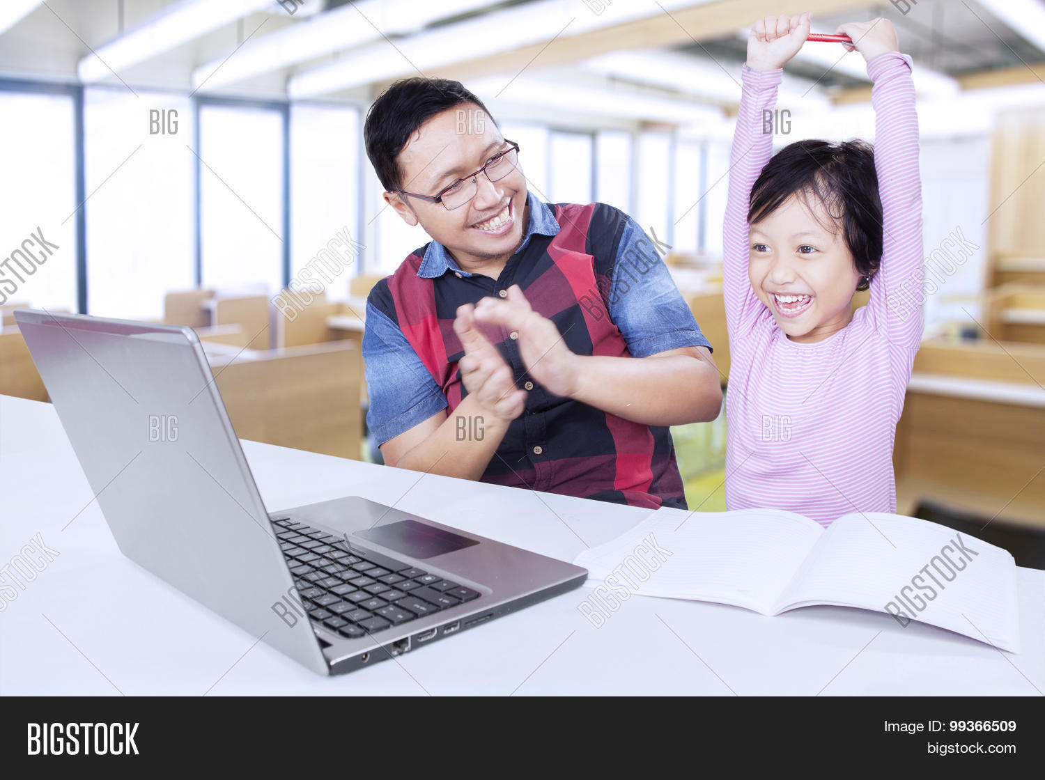 Cheerful Student Celebrating Her Success With Teacher Stock Photo ...