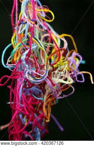 Multicolored Tangled Cotton Threads And Yarn For Needlework Close-up On ...