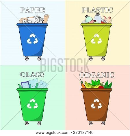 Different Colored Trash Dumpsters With Paper, Plastic, Glass And ...
