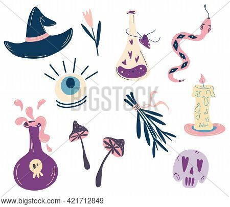 Set Of Witch Magic Elements. Witchcraft Symbols: Potion, Skull, Crystal, Eyes, Snake. Collection ...