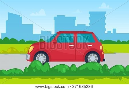 Car Moving By Road, Skyscraper View, Transportation Equipment In City ...