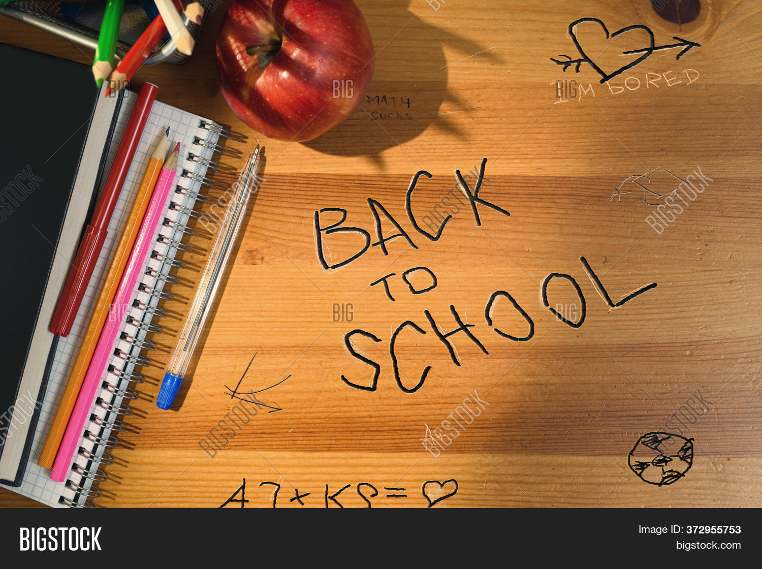 Wood School Desk Top View
