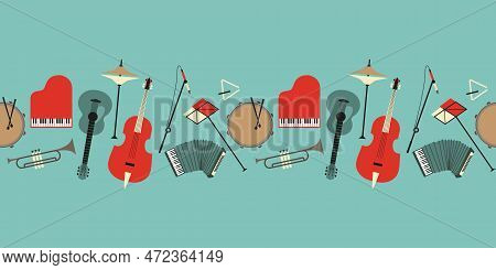 Musical Instruments Seamless Border Vector Pattern. Drum, Piano ...