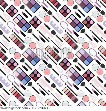 Makeup. Seamless Pattern. Makeup Kit. Lipstick, Eye Shadow, Blush, Lip ...