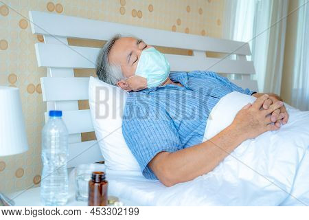 Unwell Sick Take Medicine Wearing A Mask , Senior Man Sad Alone Sick ...