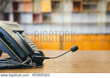 Headset And Customer Support Equipment At Call Center Ready For ...