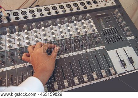 Production Sound Engineer Woman Hands Adjusting Volume Equalizer Voice ...