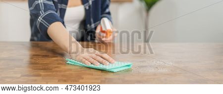 Hand Of Asian Young Woman Hand Cleaning Wooden Table, Cabinet, Using ...