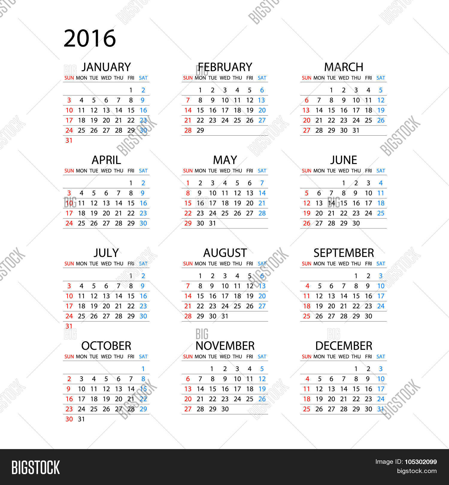 Calendar 2016 On Vector & Photo (Free Trial) | Bigstock