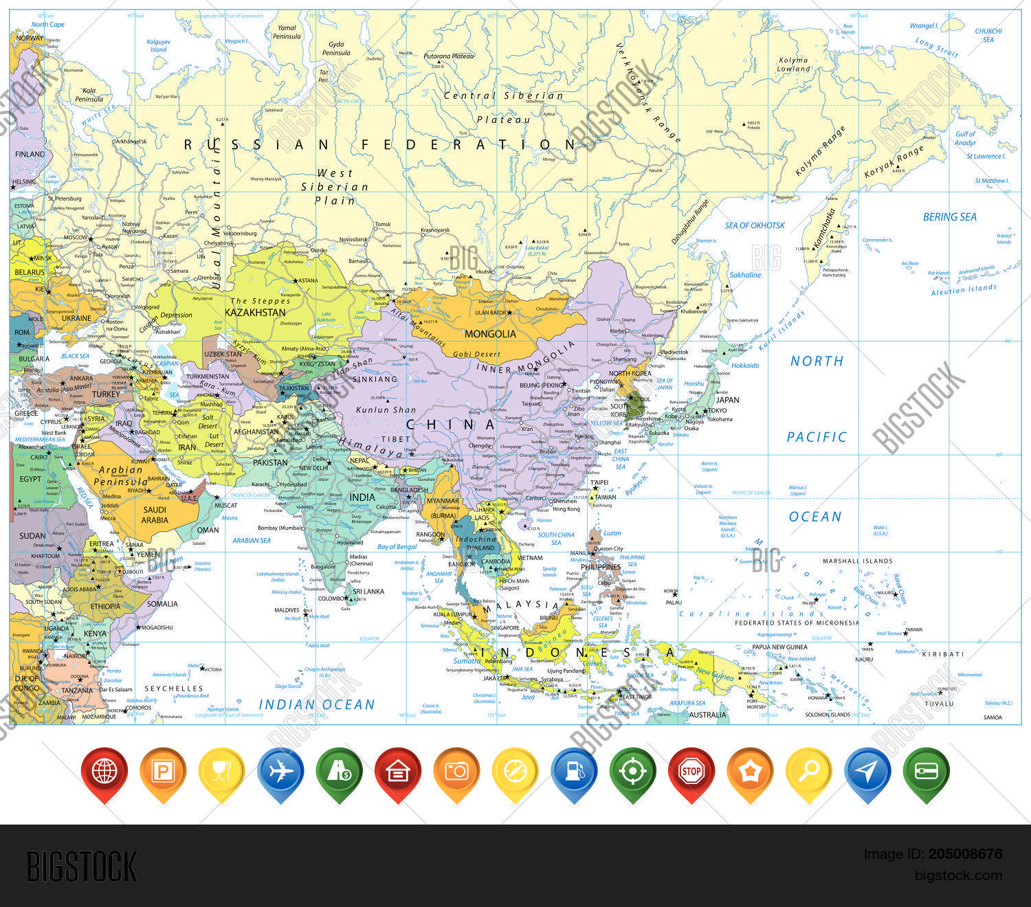 Colored Asia Map Vector & Photo (Free Trial) | Bigstock