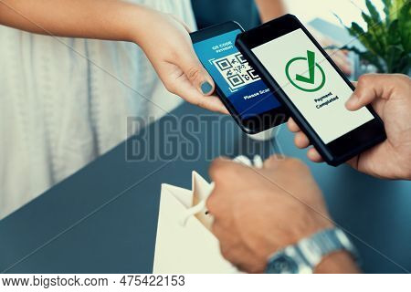 Qr Code Displayed On Screen For Cashless Payment Scanning. Closeup ...