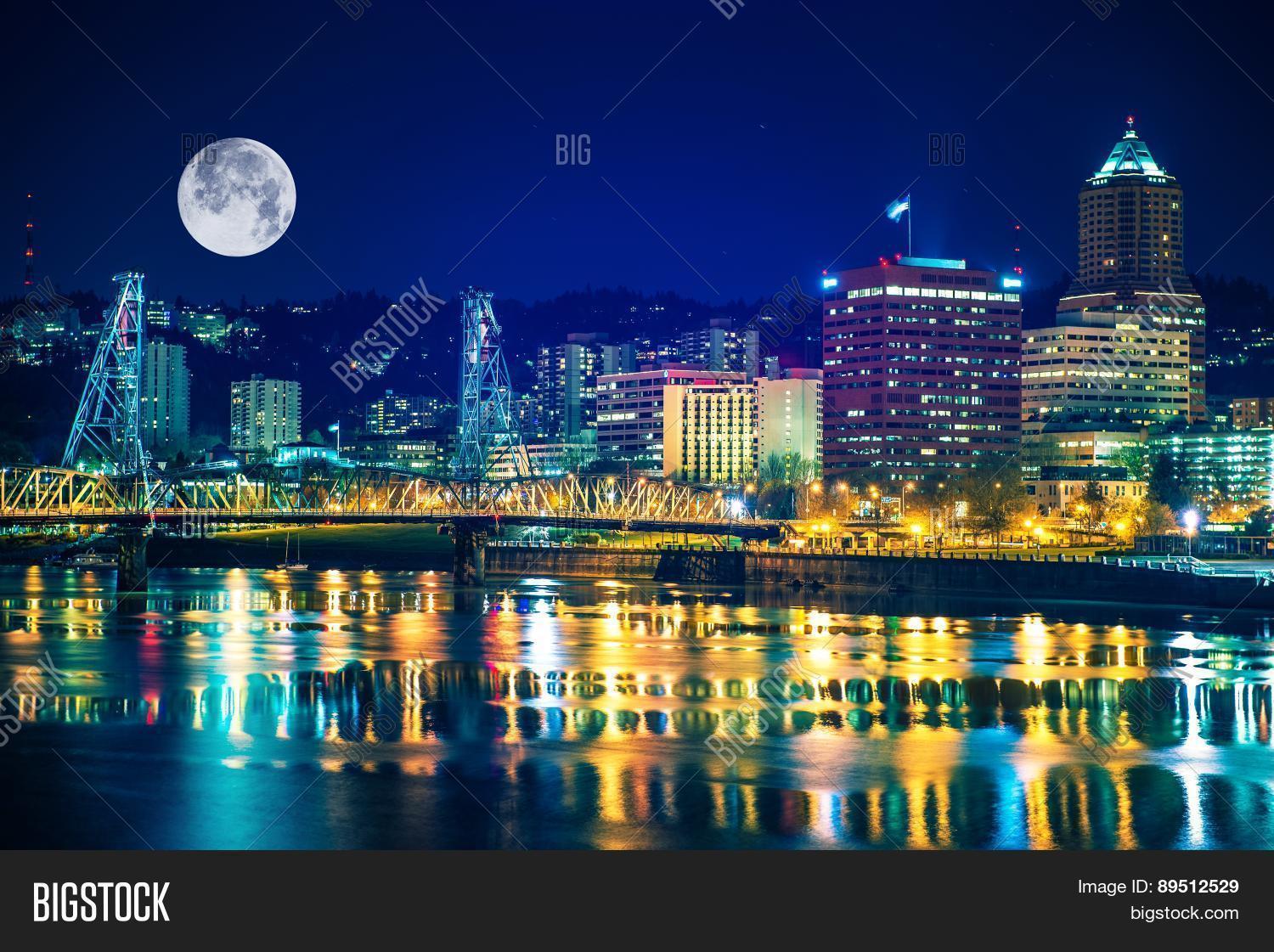 Portland Skyline Moon Image & Photo (Free Trial) | Bigstock