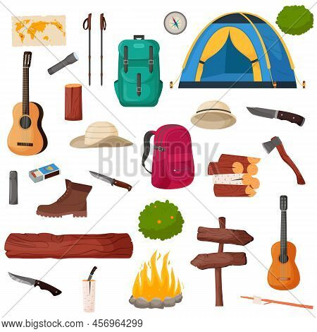 Camping And Hiking Set. Summer Camp Travel Tools Collection For ...