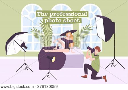 Photo Studio Flat Composition With Indoor Scenery Female Fashion Model ...