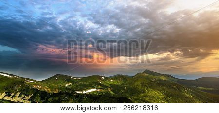 Wide Panorama Of Lit By Morning Sun Green Valley, Hills Covered With ...