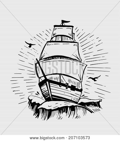 Vintage Ship On Waves Vector & Photo (Free Trial) | Bigstock