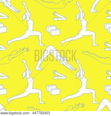 Seamless Pattern With Women In Yoga Poses, Blocks, Belt For Yoga. Relax ...