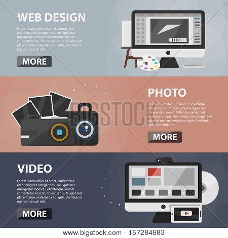Set of vector flat horizontal banners of web design, photo and creating ...