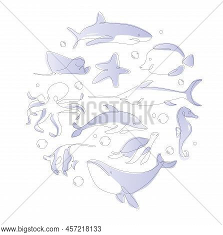 One Line Sea Life Set Vector & Photo (Free Trial) | Bigstock