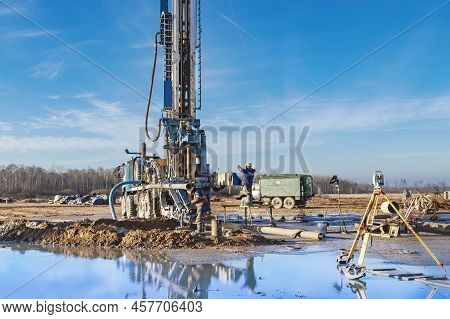 Close-up Of A Car-based Drilling Rig At A Construction Site. Drilling ...