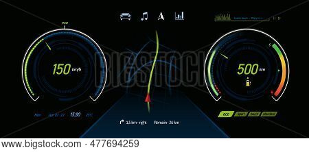 Electric Car Dashboard. Ev Auto Ui With Various Indicators, Pictogram ...