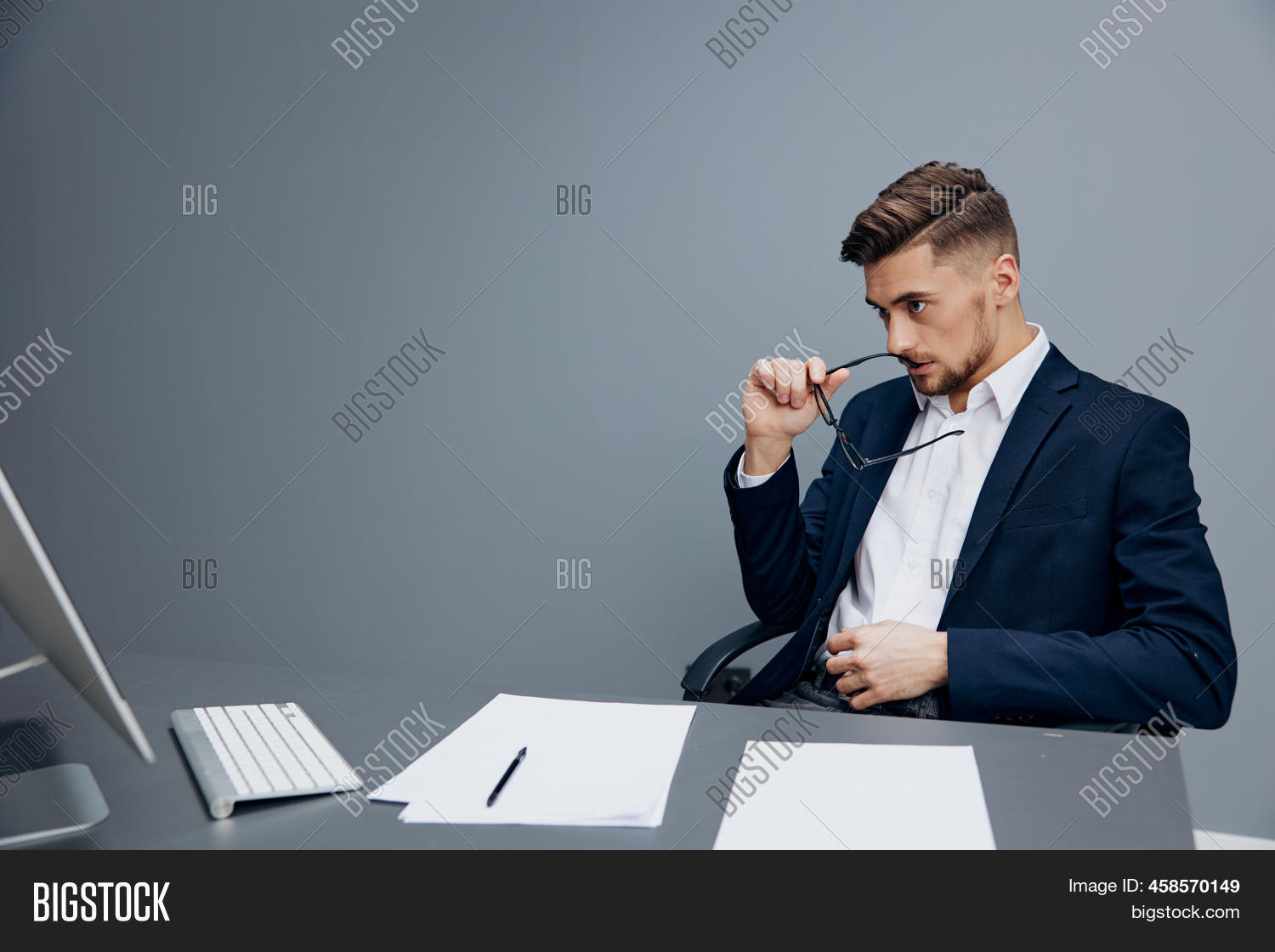 Man Suit Sitting Desk Image And Photo Free Trial Bigstock