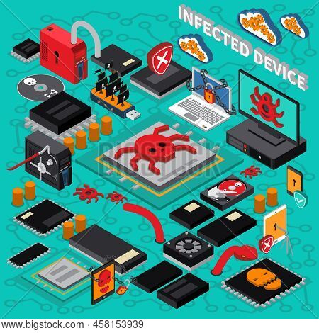 Infected Device Isometric Composition With Cyber Security Symbols On Blue Background Isometric ...