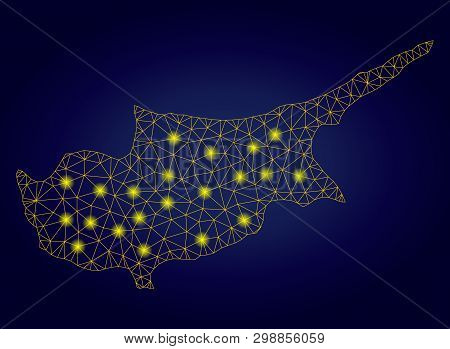 Yellow Mesh Vector Cyprus Island Map With Glare Effect On A Dark Blue ...