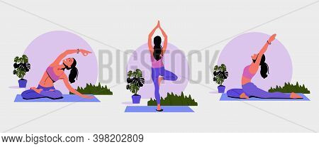Set Of Yoga Poses. Woman Doing The Stretching Exercises At Home. Pose ...