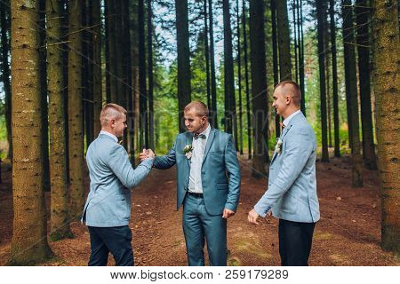 Wedding Portrait Groomsmen And Groom. Young Friends Groomsman Posing ...