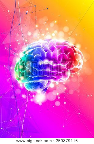 Human brain on a color technological background surrounded by ...