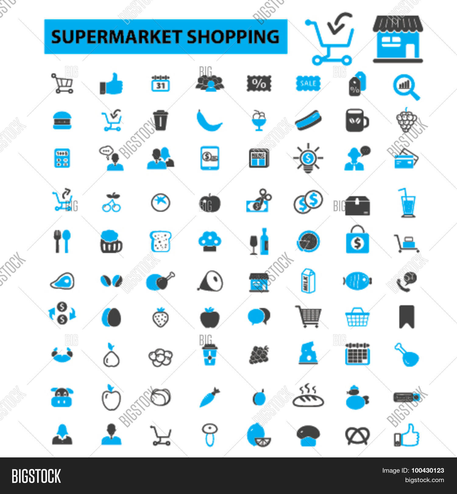 Supermarket shopping icons concept. Supermarket shelf, cart ...