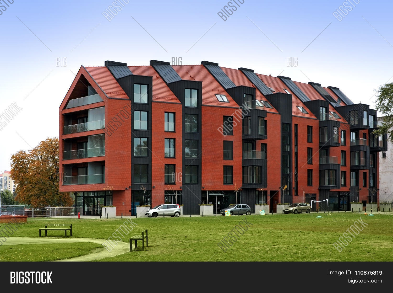 Multi-storey modern residential building with a triangular roof Stock ...