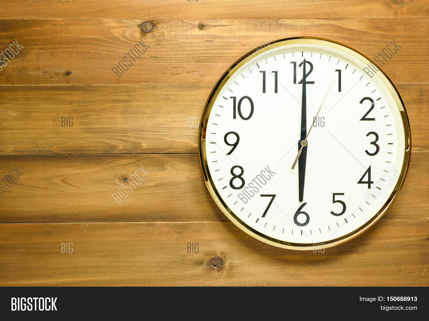 Wall Clock On Wooden Wall 6am 6pm Image & Photo | Bigstock