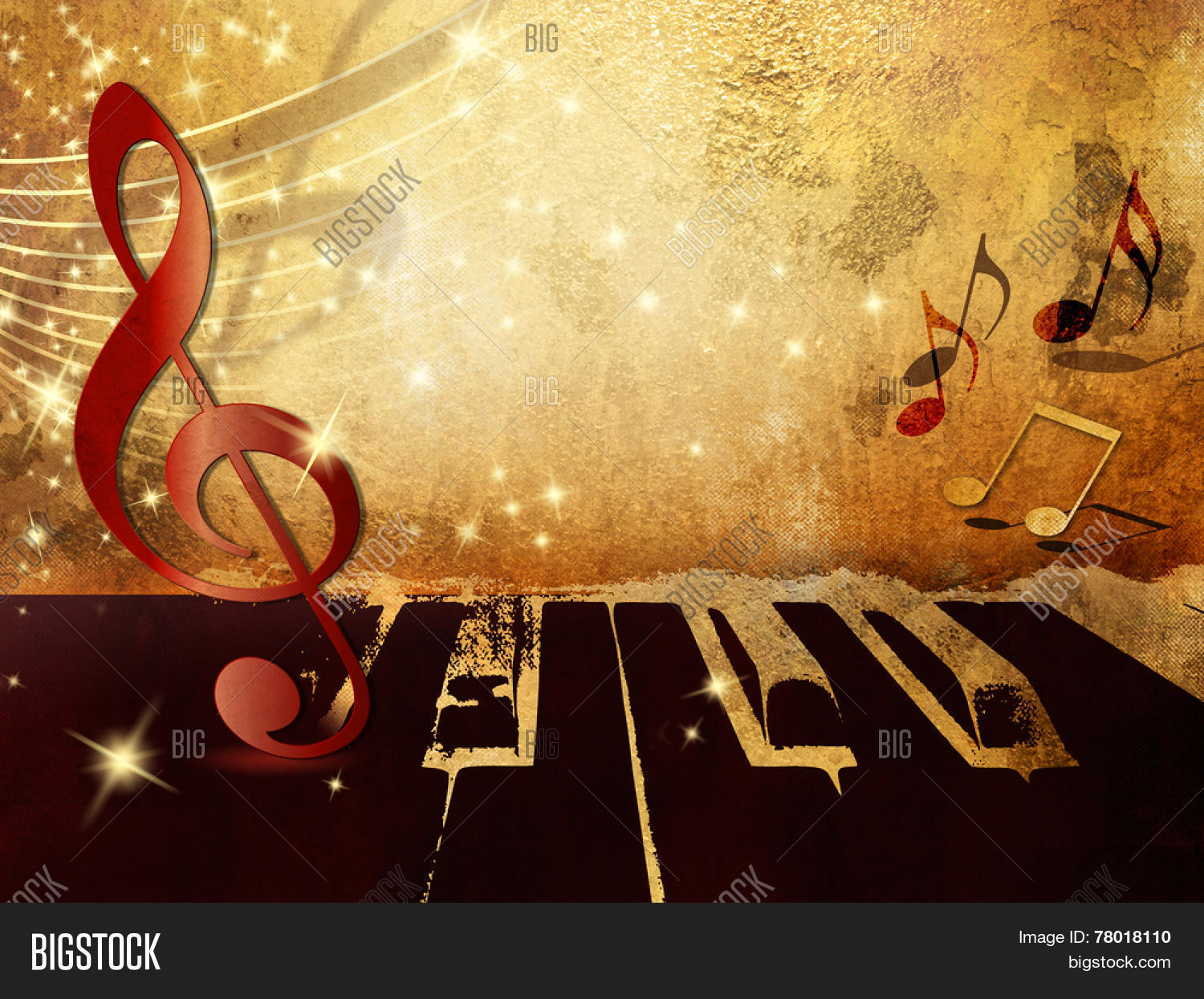Music background with piano keys, music notes and treble clef Stock ...