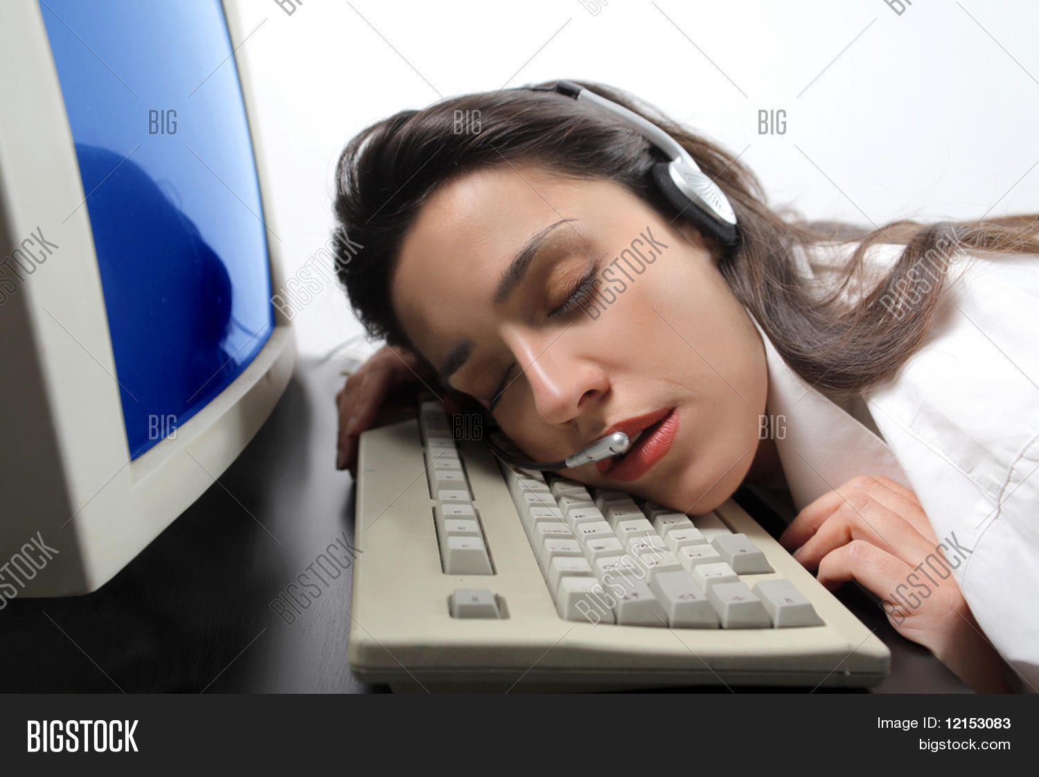 portrait of customer support operator woman falling asleep Stock Photo ...