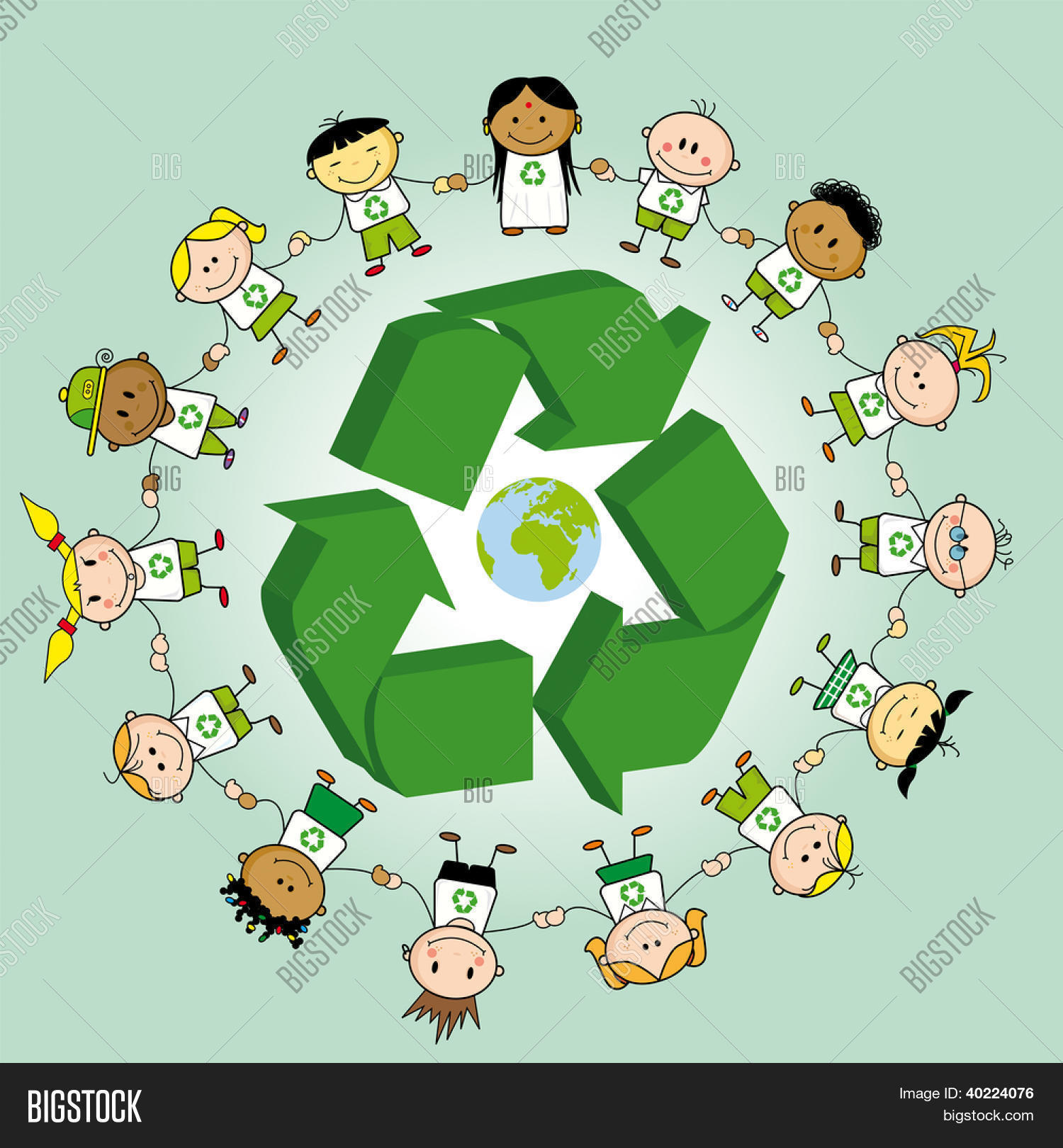 Anel de reciclagem. Crianças mãos dadas em torno de um símbolo de ...