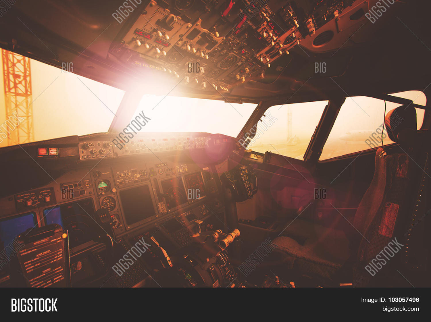 Aircraft interior, cockpit view inside the airliner. Point of view from ...