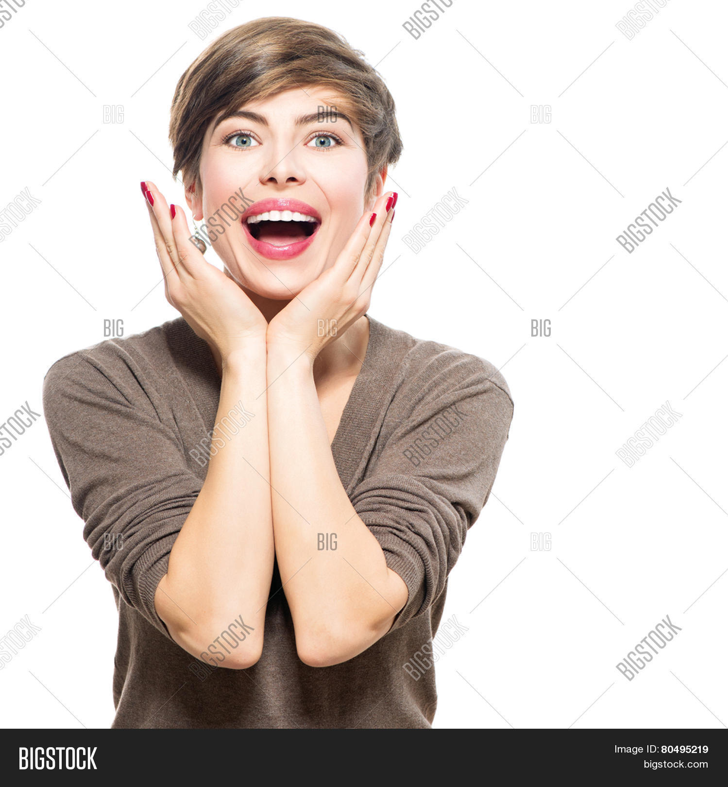 Surprised woman. Young emotional beauty woman looking excited. Isolated ...