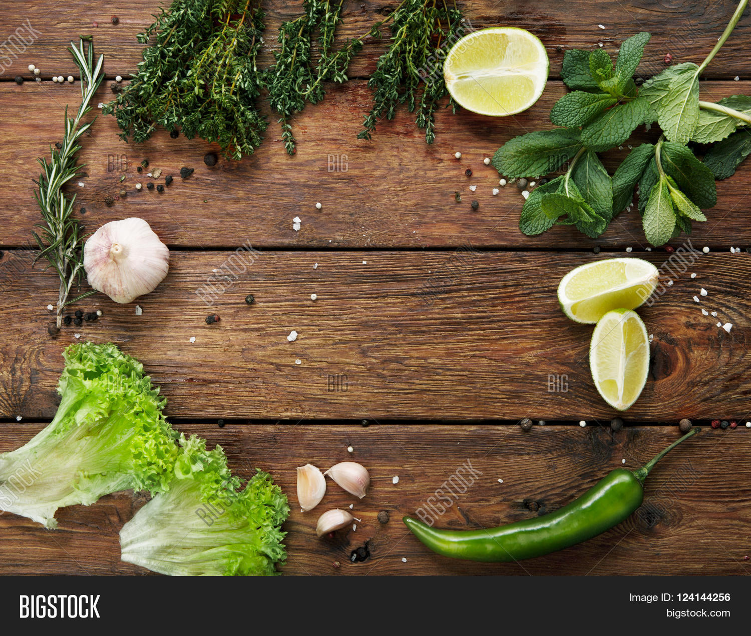 Green fresh food background on rustic wood top view with copyspace ...