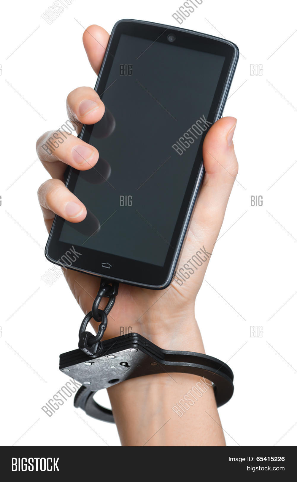 Mobile phone addiction concept. Smart phone chained to handcuff in hand ...