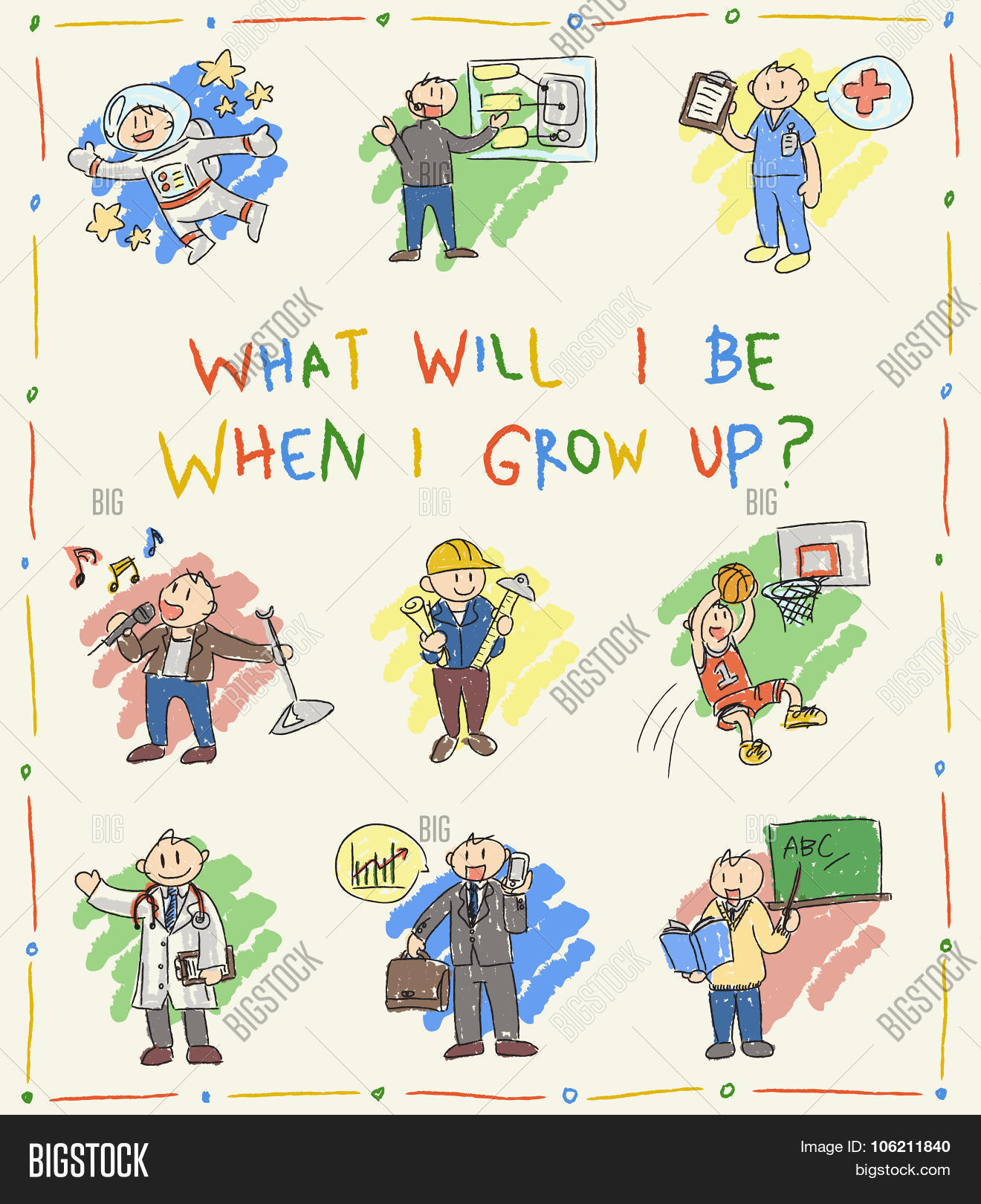 Kindergarten Children Color Doodle Drawing Sketch Of Cartoon Character ...