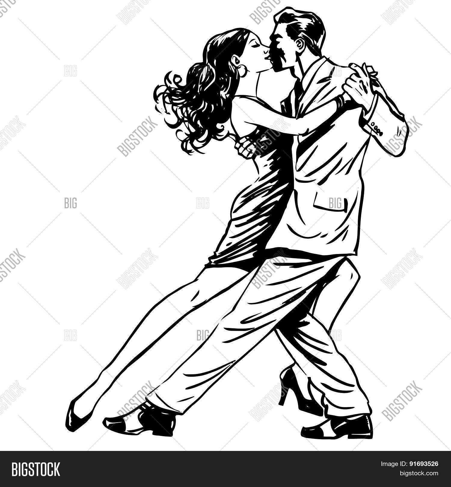 Kiss Man And Woman Dancing Couple Tango Retro Line Art Stock Vector ...