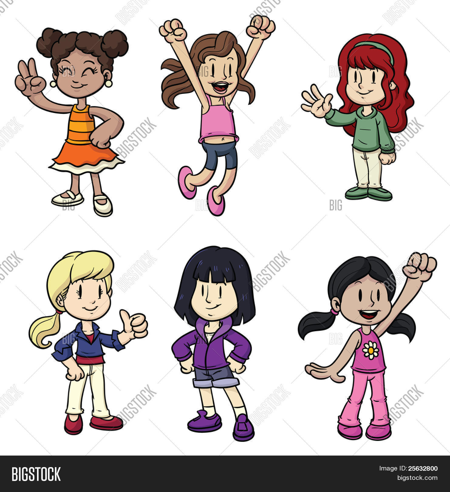 Six cute cartoon girls. All in separate layers for easy editing. Stock ...
