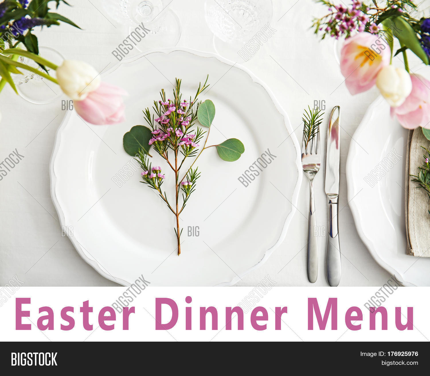 Text EASTER DINNER MENU on background. Elegant table setting with ...