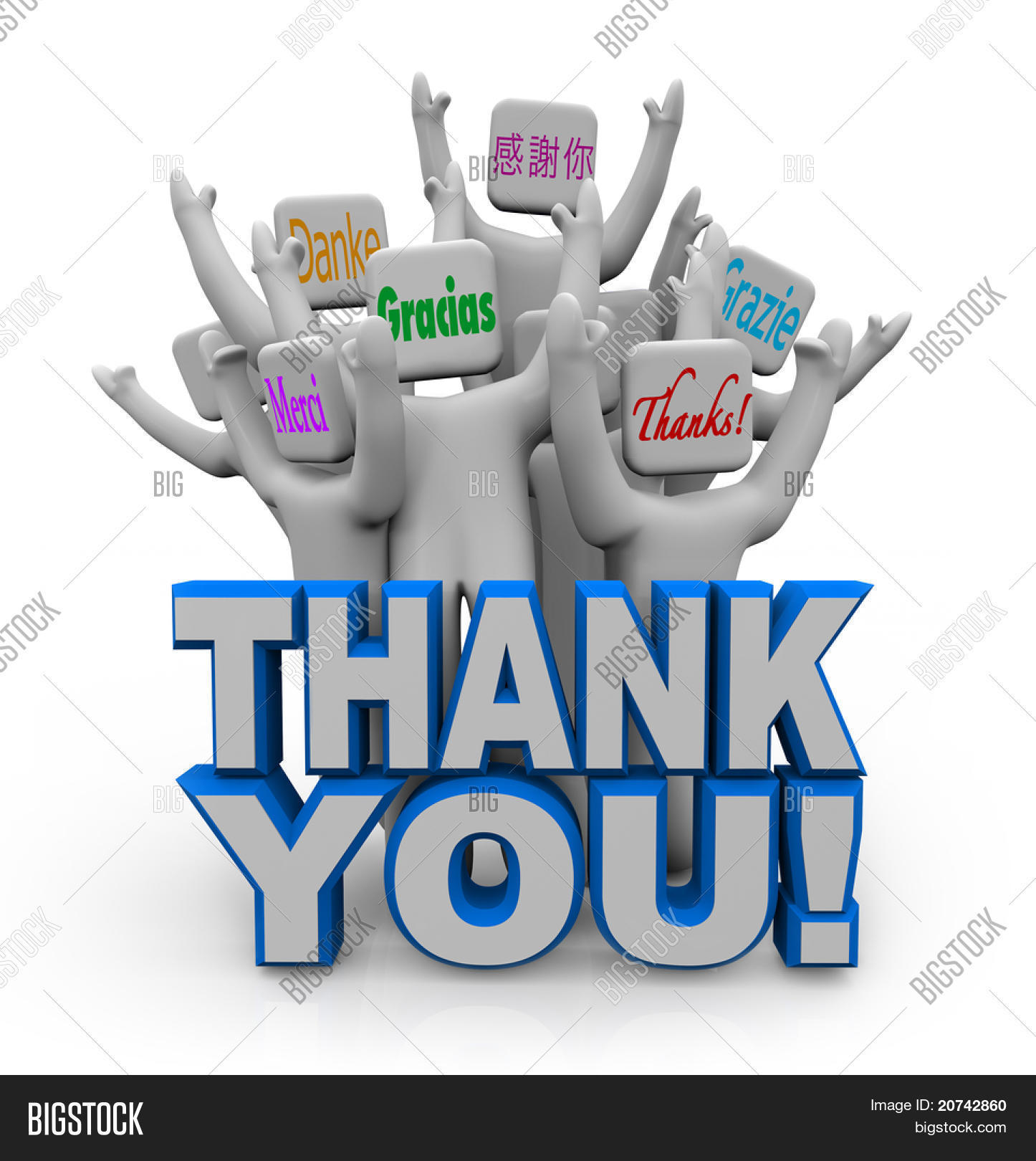 A group of cheering people with phrases meaning thank you in languages ...