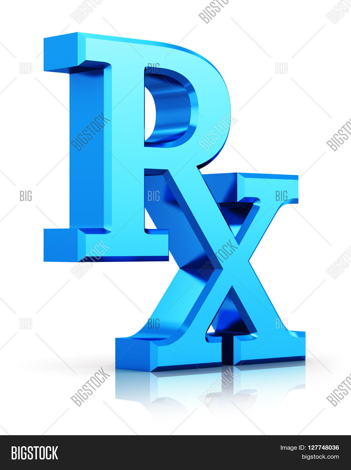 3D render illustration of blue metallic RX prescription medicine drugs ...