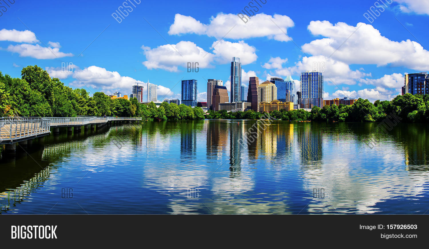 Panoramic Austin Texas Mirror Reflection on the water symmetric Skyline ...
