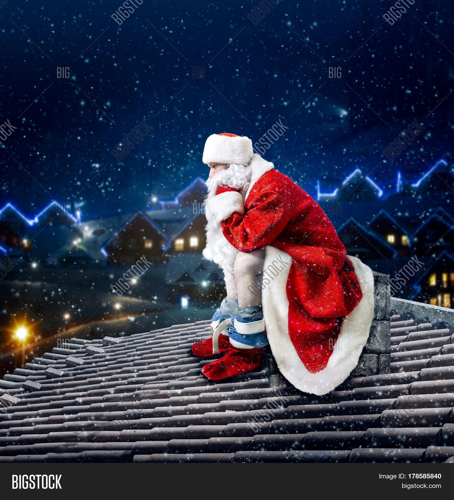 Santa Claus On Rooftop Shit Chimney Image & Photo | Bigstock